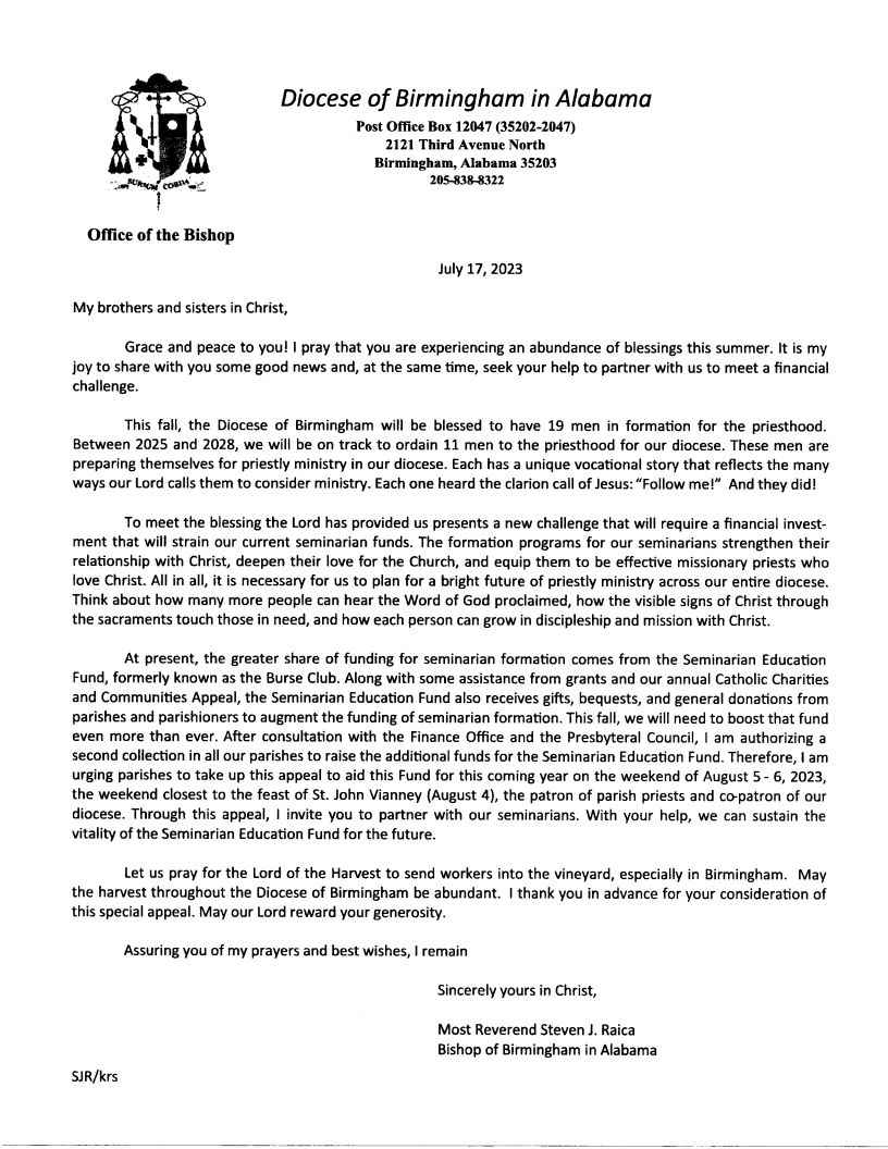 Letters from the Bishop | Blessed Sacrament Catholic Church